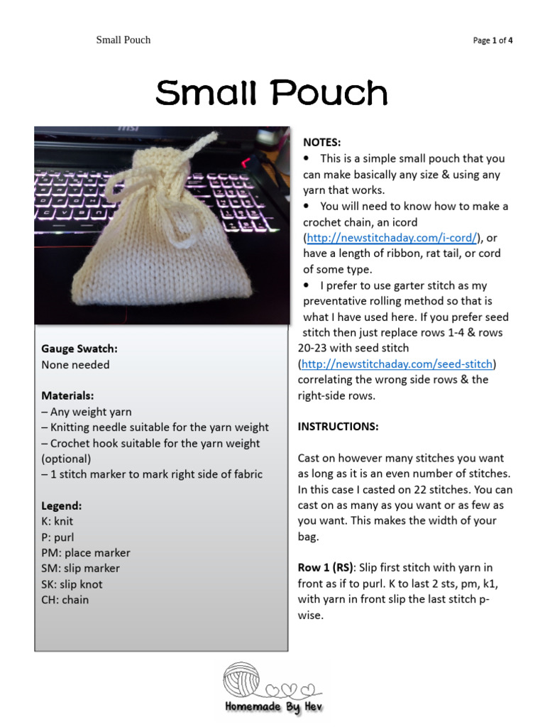 DIY Small Drawstring Pouch Guide | PDF | Knitting | Basic Knitted Fabrics