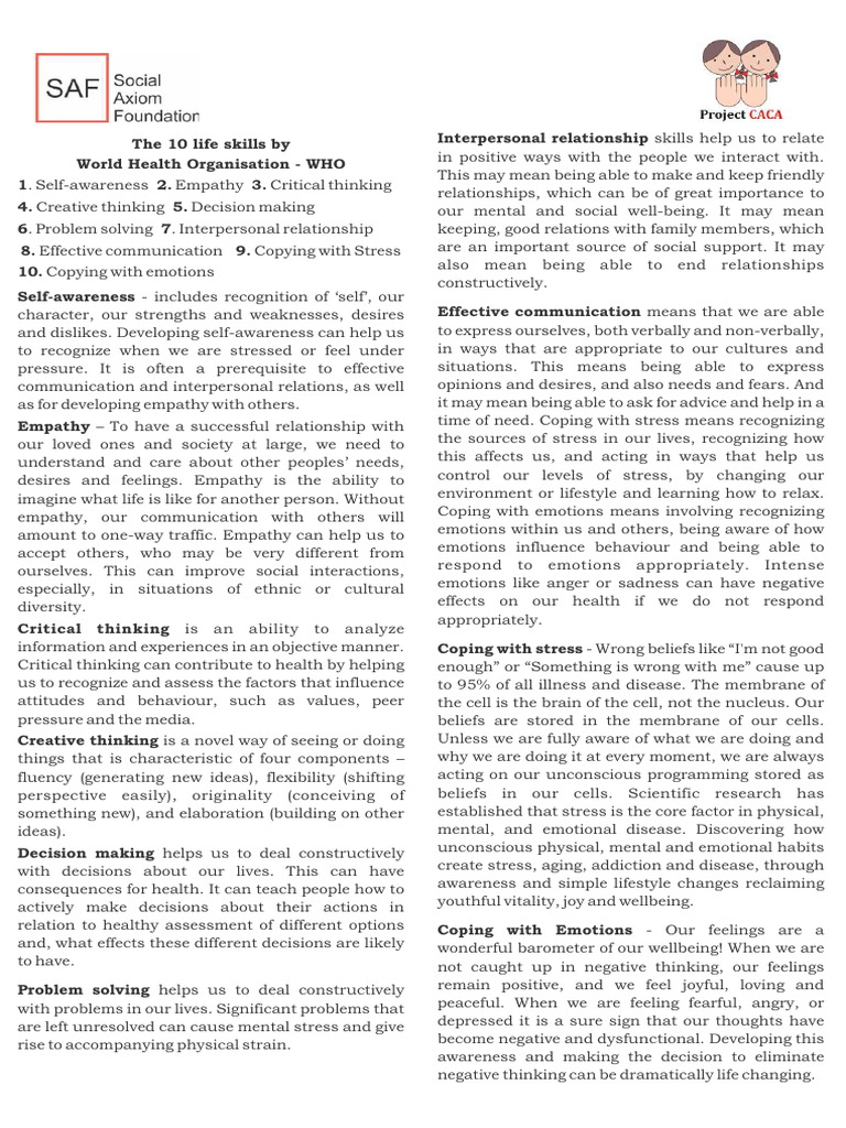 10 Life Skills By The WHO | PDF | Empathy | Emotions