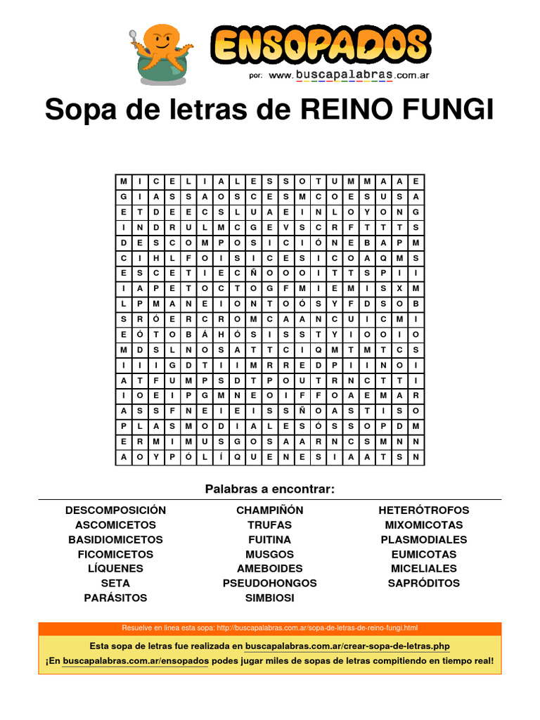 Sopa de Letras de Reino Fungi | Descargar gratis PDF | Hongo | Organismos