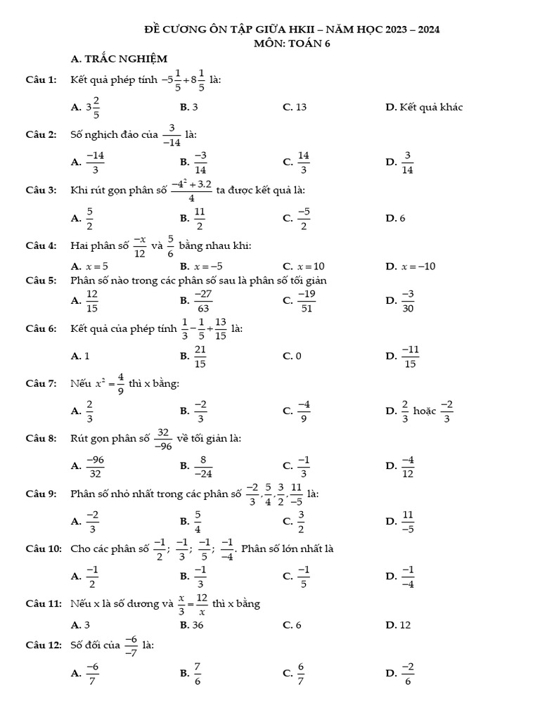 De Cuong Giua hk2 Toan 6 Nam 2023 2024 | PDF