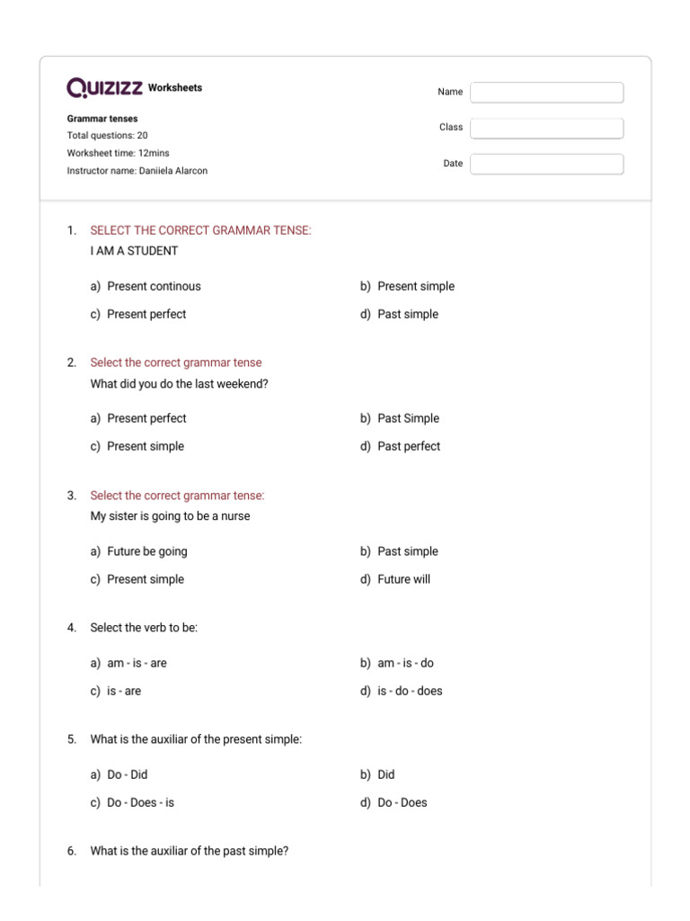 Quizizz - Grammar Tenses | PDF | Verb | Perfect (Grammar)