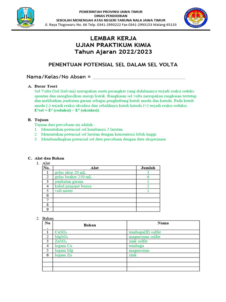 KUNCI JAWABAN LKPD Penentuan Potensial Sel Dalam Sel Volta | PDF
