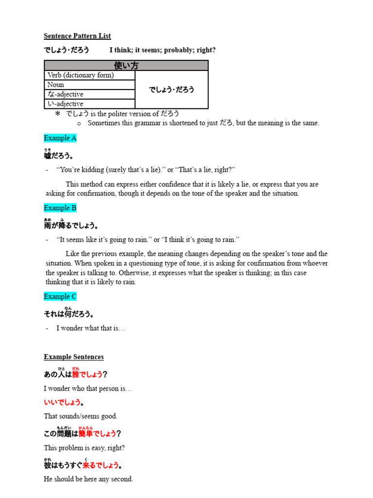 Sentence Pattern List | PDF