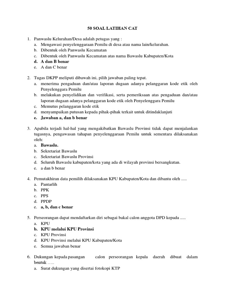 50 Soal Latihan Cat Kpu Bawaslu Kabupaten | PDF