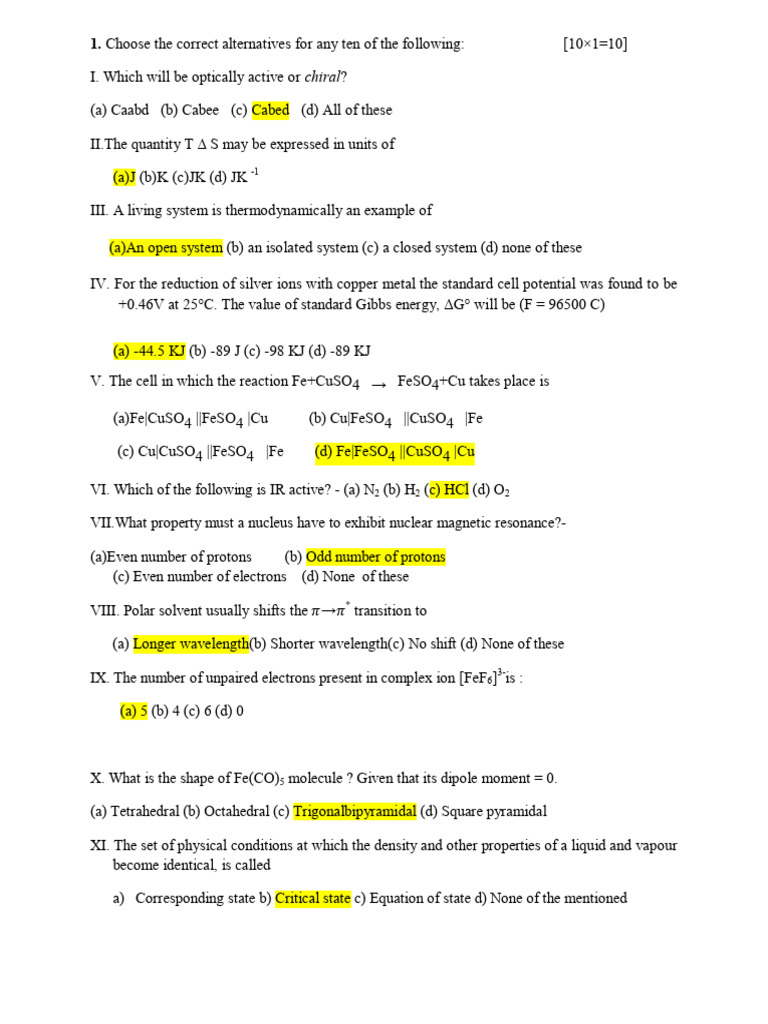 Chemistry Multiple Choice Questions Guide | PDF | Redox | Chemical ...