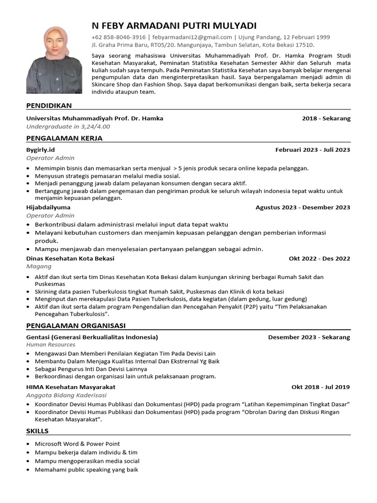CV ATS Friendly N Feby Armadani Putri Mulyadi | PDF