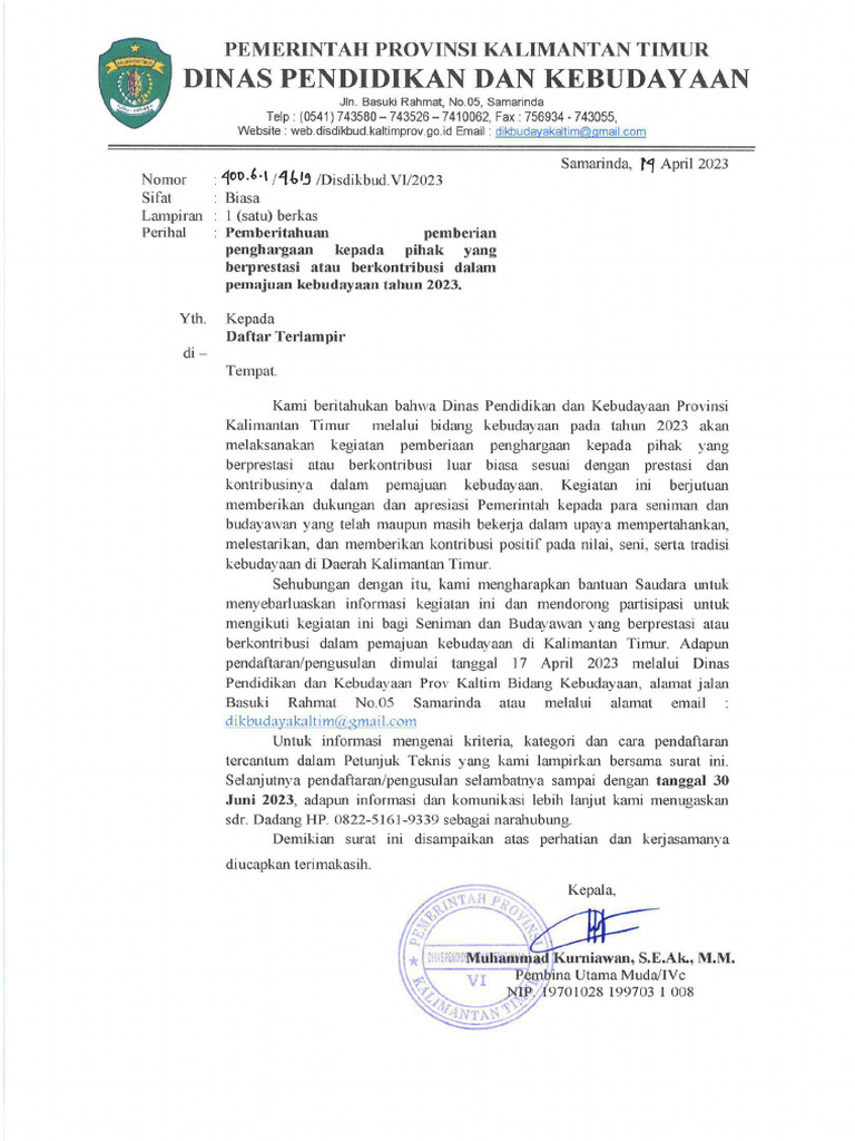 Surat Pemberitahuan Dan Juknis Pemberian Penghargaan Kepada Pihak Yang Berprestasi Atau ...