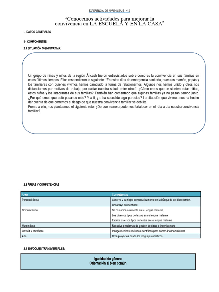 Experiencia De Aprendizaje 2 Pdf Evaluación Experiencia