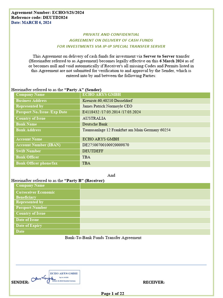 Doa-S2s (Echo Arys GMBH) | PDF | Arbitration | Wire Transfer