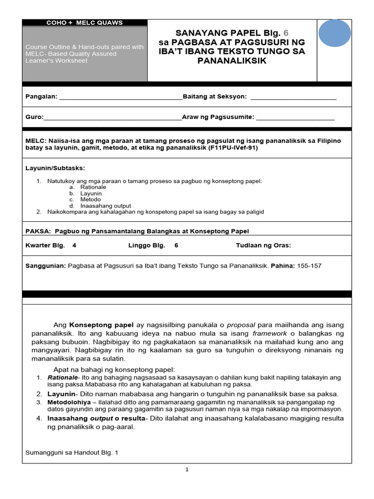 Pagbasa Worksheet w6 | PDF