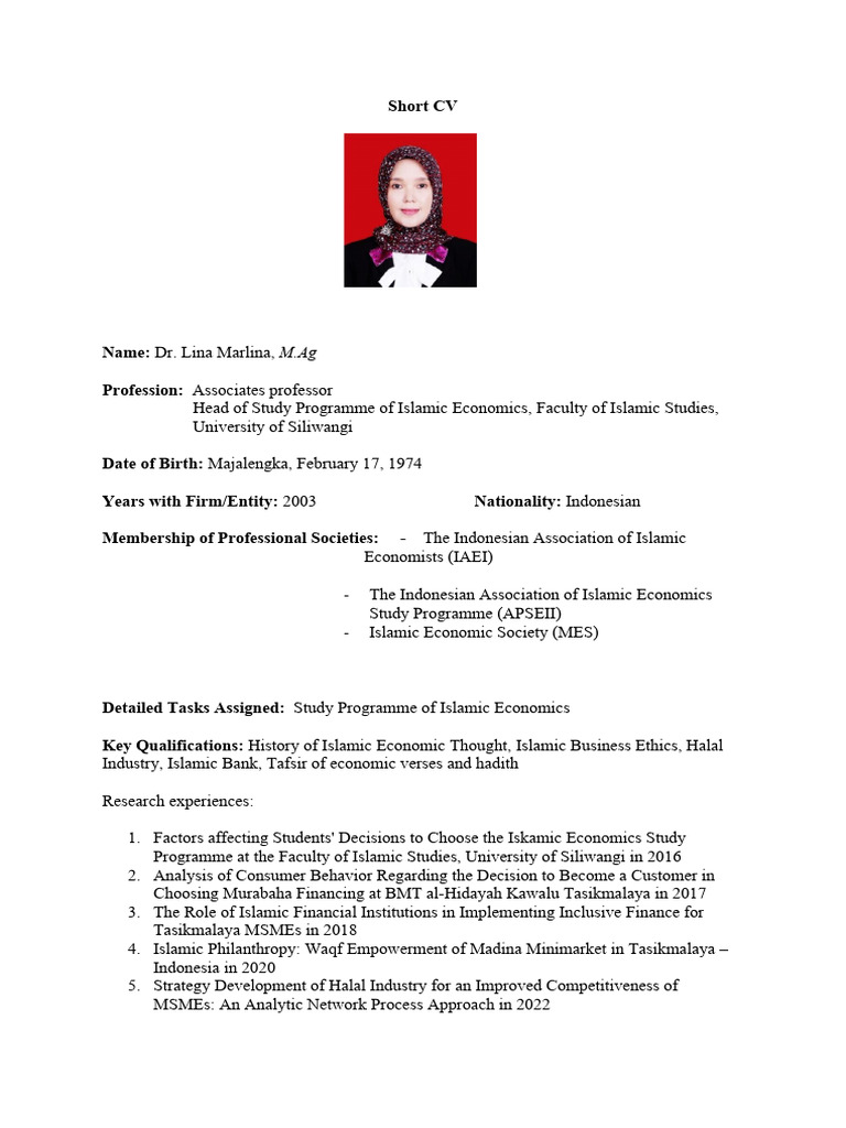 CV Lina Marlina - Aqas | PDF | Economics | Islamic Banking And Finance