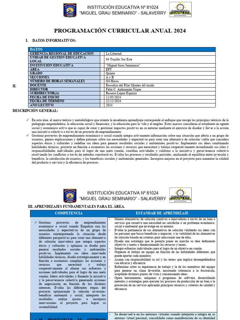 Programacion Anual Ept 5 ° de Secundaria 2024 | PDF | Aprendizaje | Iniciativa empresarial
