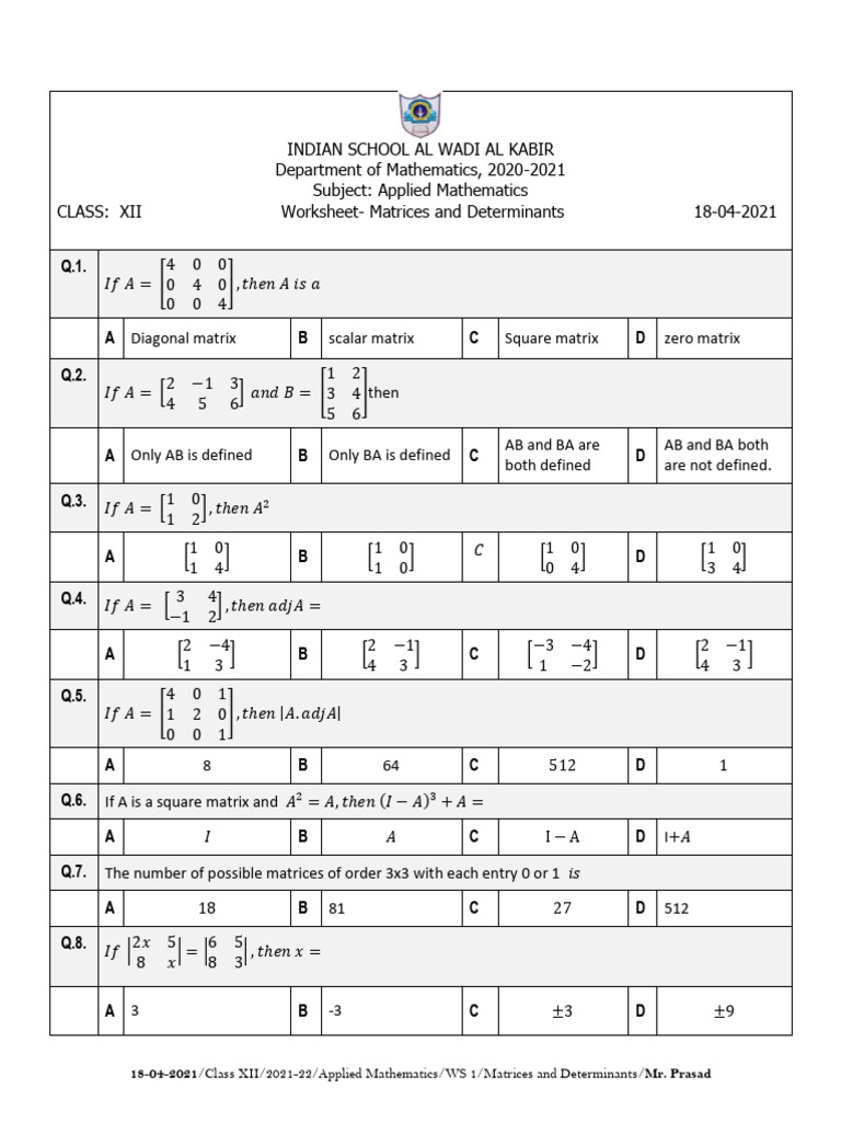 18-04-2021/class XII/2021-22/Applied Mathematics/WS 1/matrices and Determinants/Mr. Prasad | PDF ...
