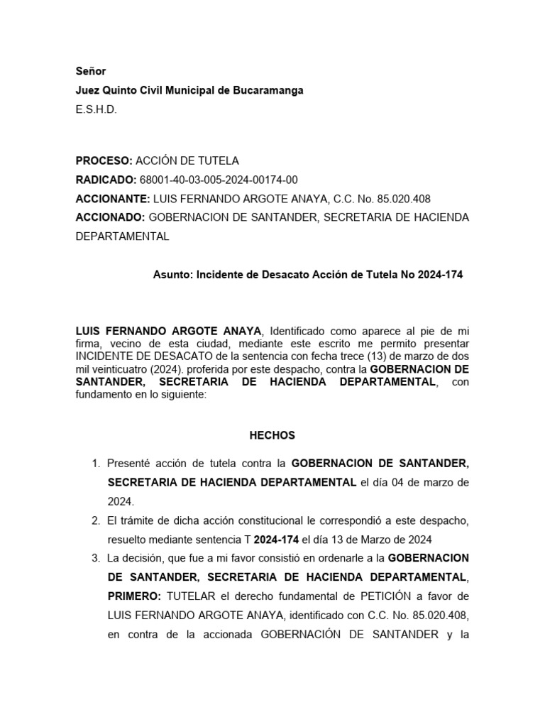 Incidente - Desacato Tutela 2024-00174 | PDF | Estatuto de limitaciones ...