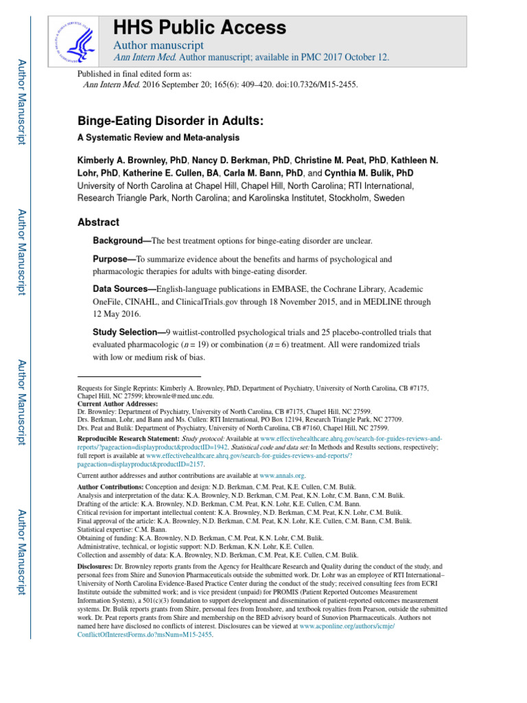 BED in Adults Meta Analysis Brownley Et Al 2016 | Download Free PDF ...