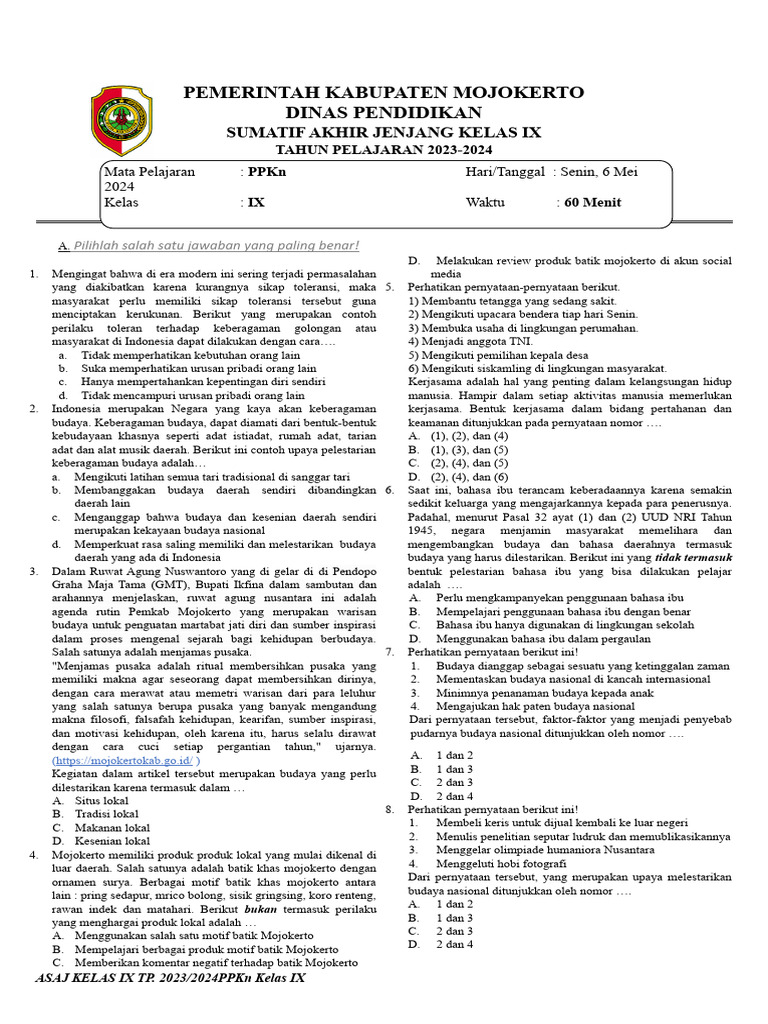 SOAL ASAJ PPKn KELAS 9 2024 | PDF