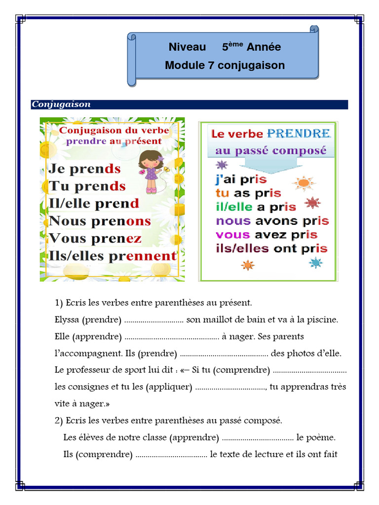 Conjugaison du verbe "prendre" 5ème | PDF | Verbe | Linguistique
