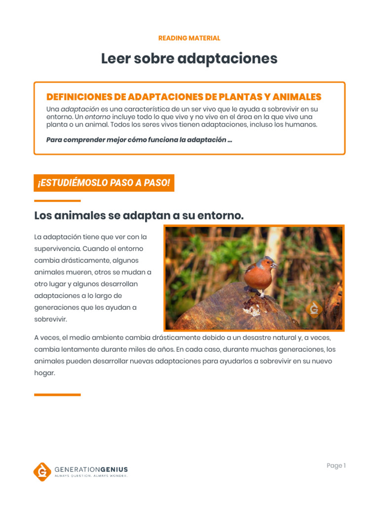 Adaptaciones de Animales y Plantas Material de Lectura 3 A 5 Grado ...
