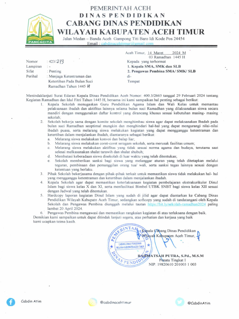 Surat Edaran Menjaga Ketertiban Pada Bulan Suci Ramdhan Tahun 1445 H | PDF