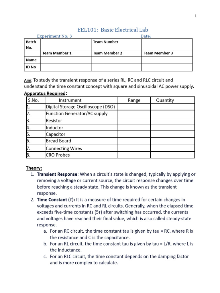 EEL101 Lab Manual E4 RL RC RLC Circuit Response | PDF | Electrical Network | Power Supply
