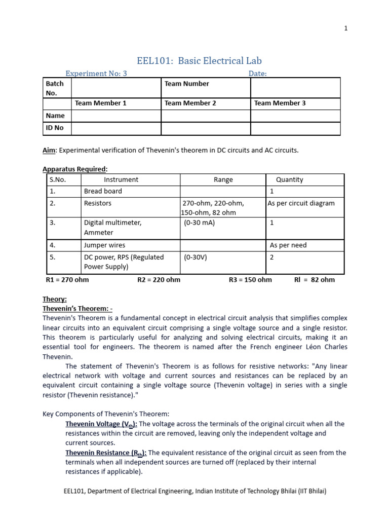 EEL101 Lab Manual E3 Thevenin's Theorem | PDF | Electrical Network ...
