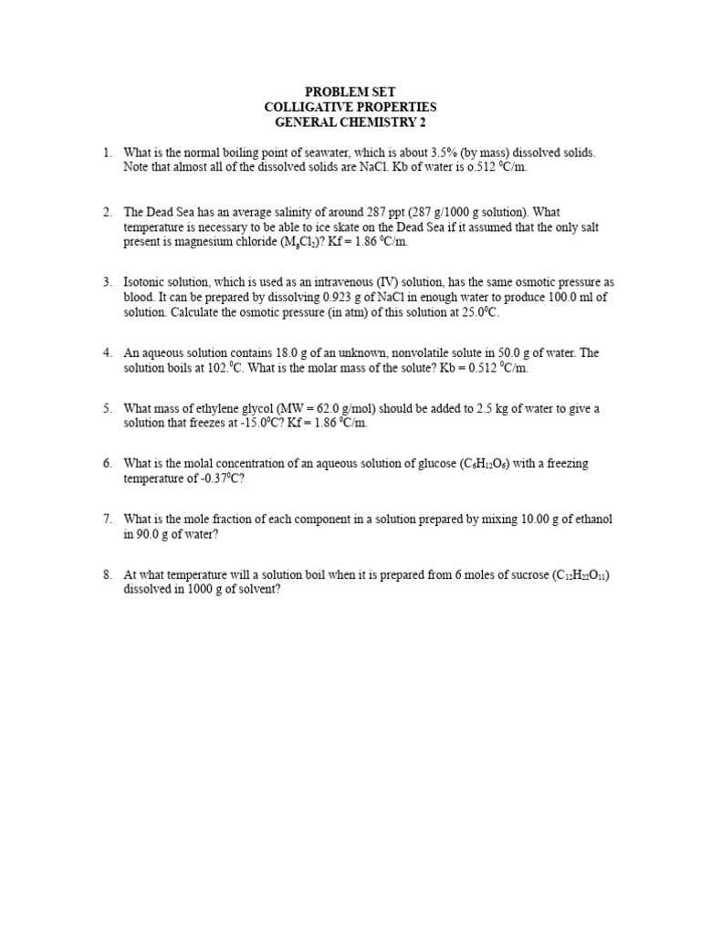 PROBLEM SET Colligative Properties | PDF | Cooking, Food & Wine | Science & Mathematics