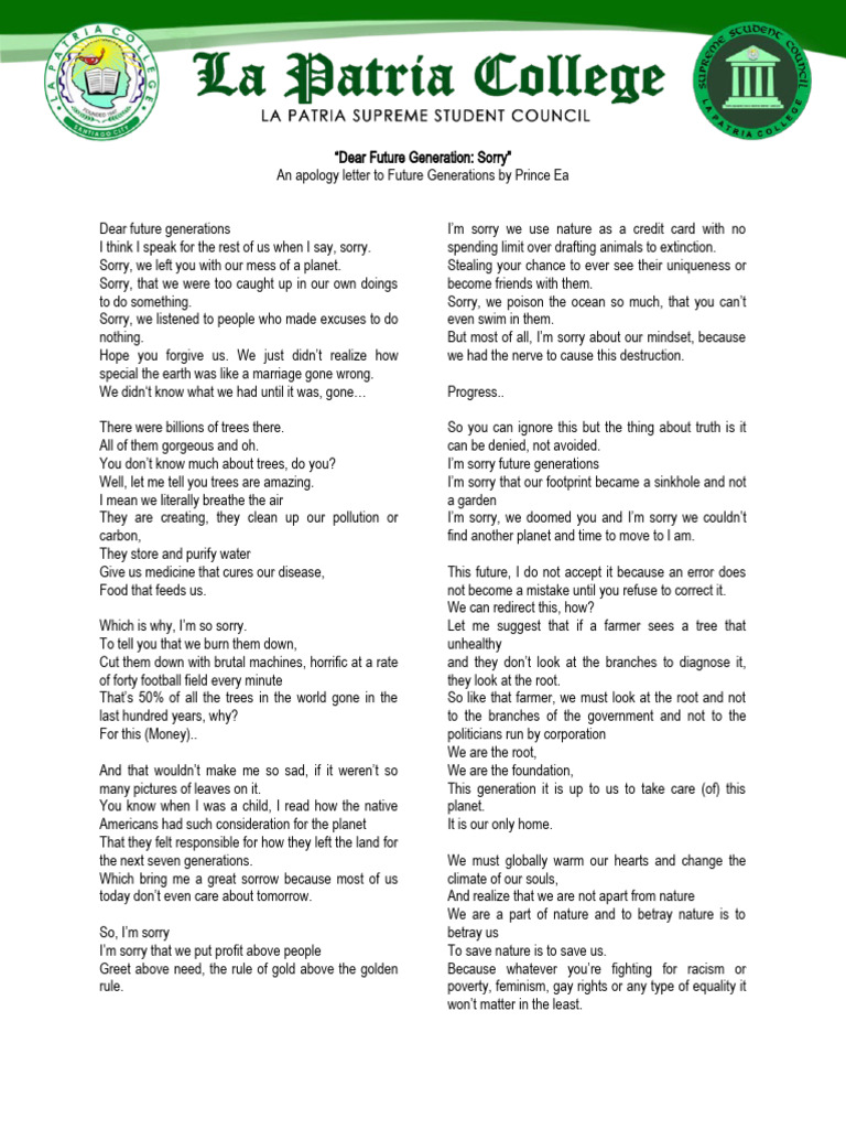 03.0 - DeclamationDear Future Generation Sorry | PDF | Natural ...