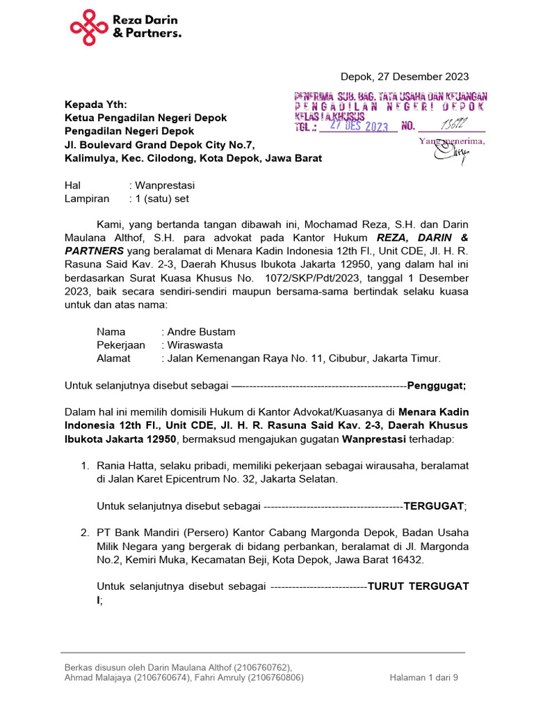 Gugatan Wanprestasi Andre Bustam | PDF | Hukum
