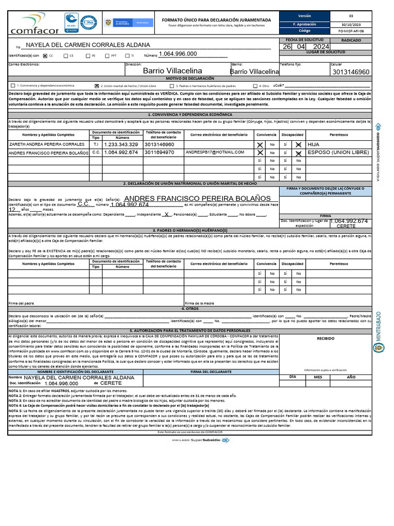 Formato Declaracion Juramentada Comfacor | PDF