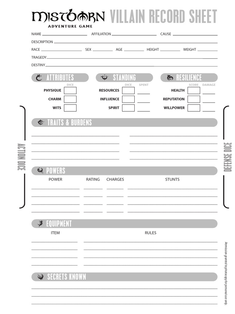 Mistborn Adventure Game Villian Record Sheet | PDF | Role Playing Games ...