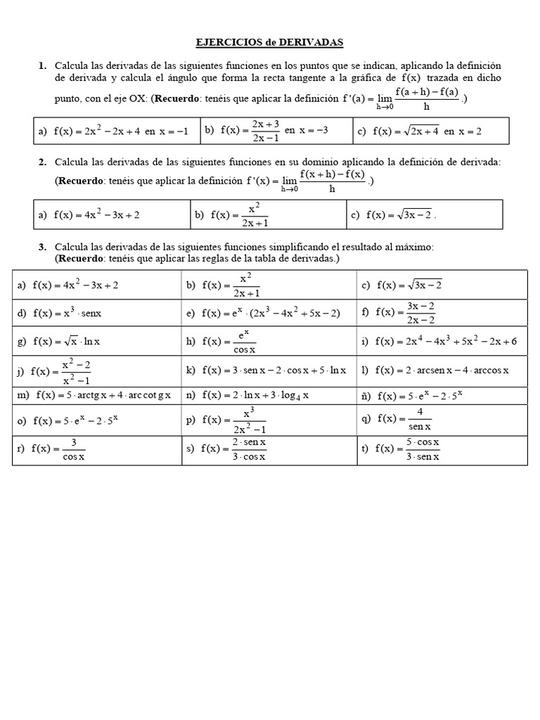 Ejercicios Derivadas | PDF | Derivado | Geometría Elemental