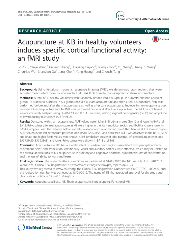 Acupuncture at KI3 in Healthy Volunteers Induces Specific Cortical ...