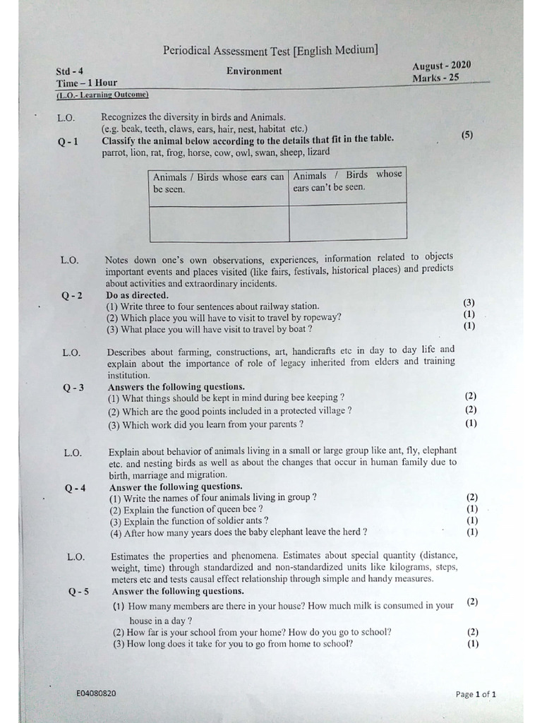 STD 4 Evs Ut 2 Q.paper | PDF