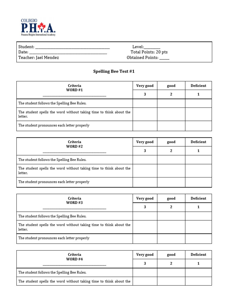 Spelling Bee Test Rubric | PDF