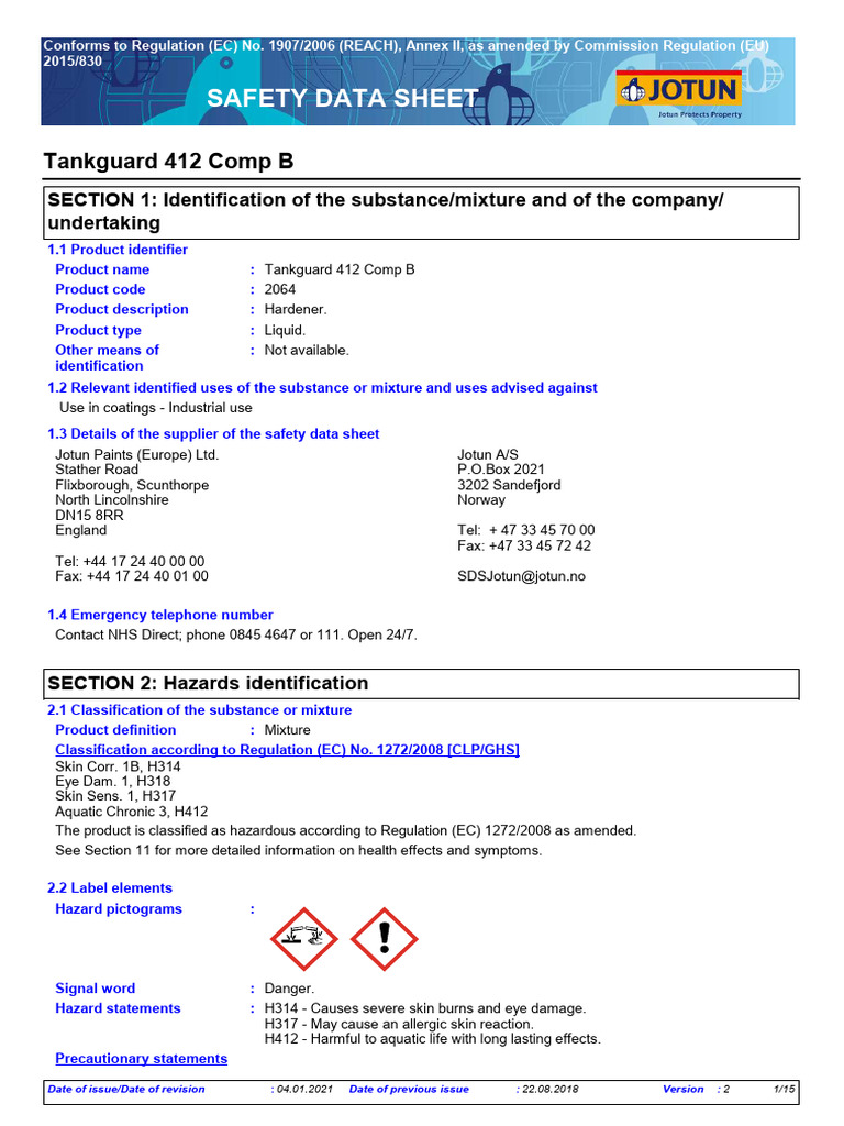 Jotun-Msds Tankguard 412 Comp B Eng | PDF | Toxicity | Occupational ...
