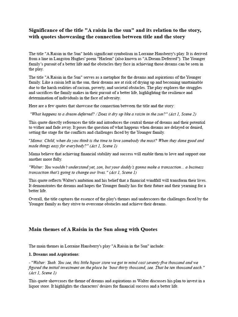 A Raisin In The Sun Notes | Download Free PDF | Motivation | Motivational