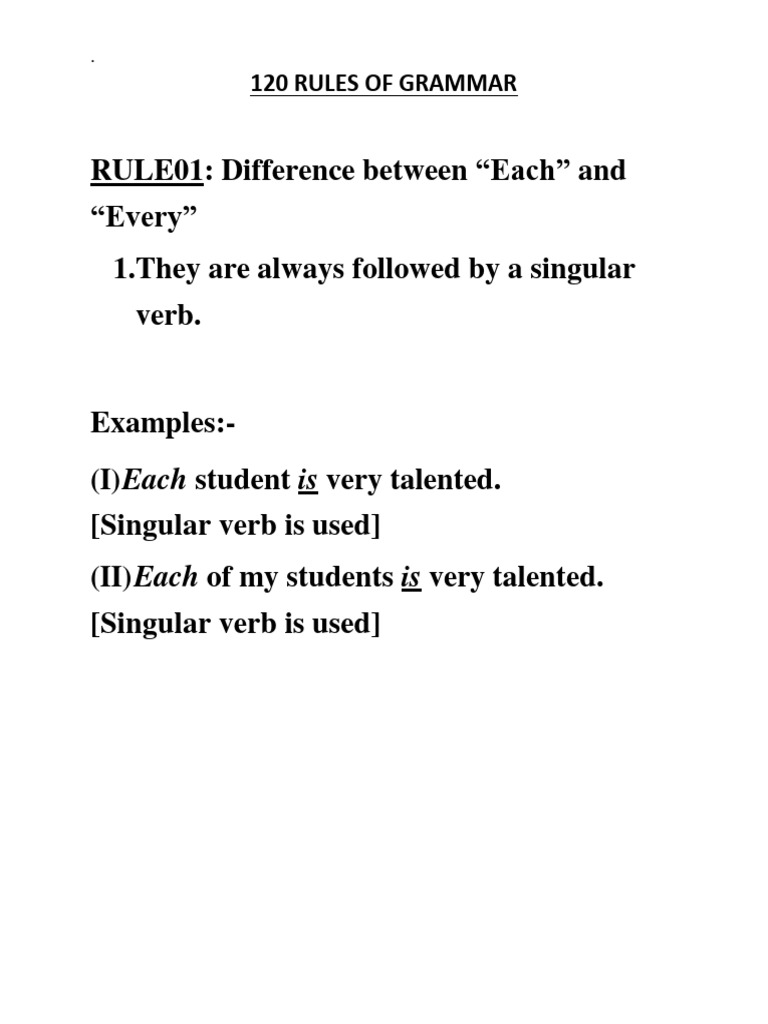 RULE01: Difference Between "Each" and "Every" 1.they Are Always ...