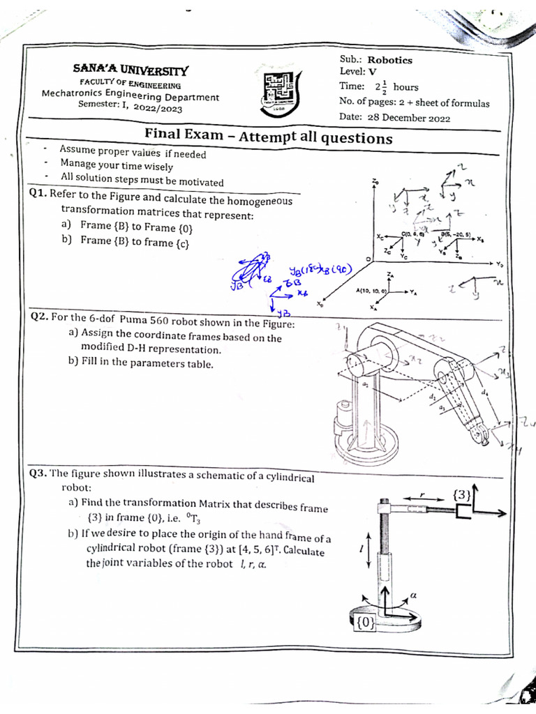 Final Exam 2022 Robotics Sanaa | PDF