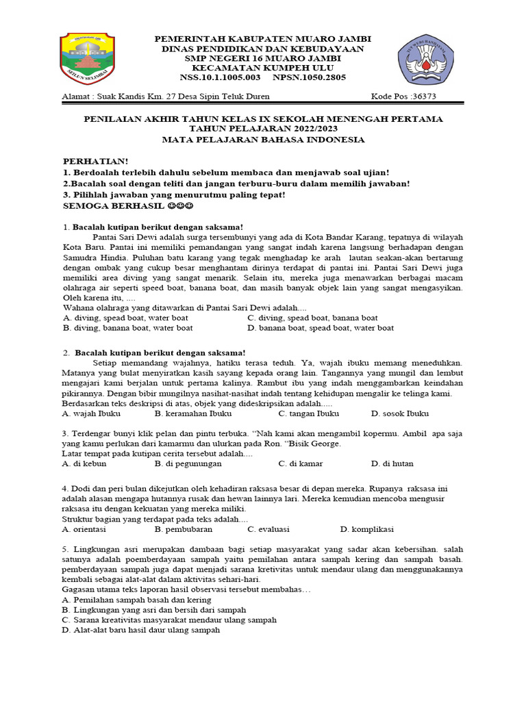 Soal Pat Bindo Ix 2023 | PDF