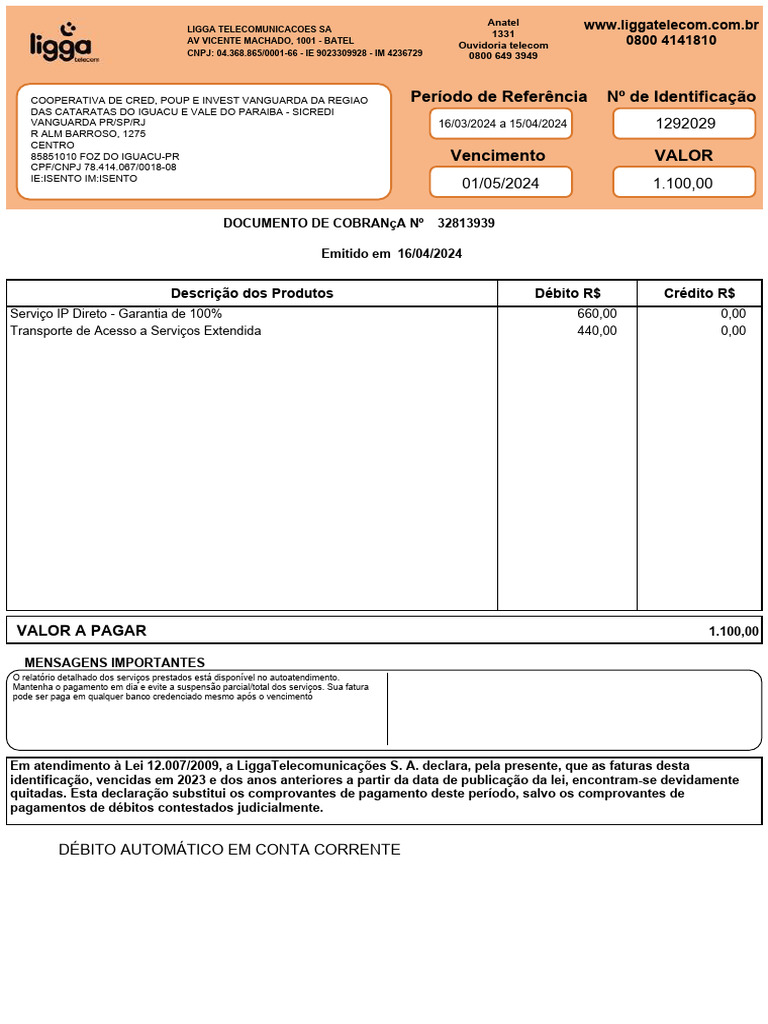 Fatura Ligga Telecom Empresarial | PDF | Economias | Economia financeira