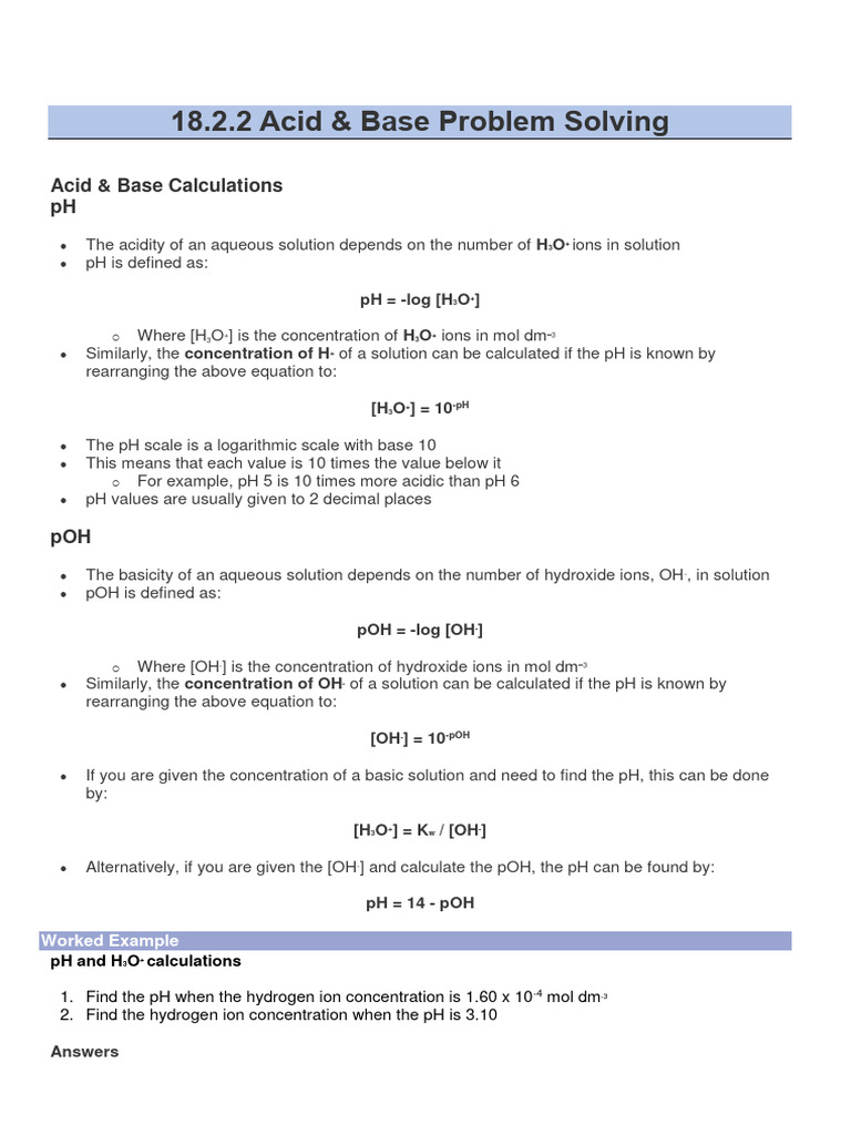 Chemistry: Acid-Base Calculations | PDF | Ph | Acid Dissociation Constant