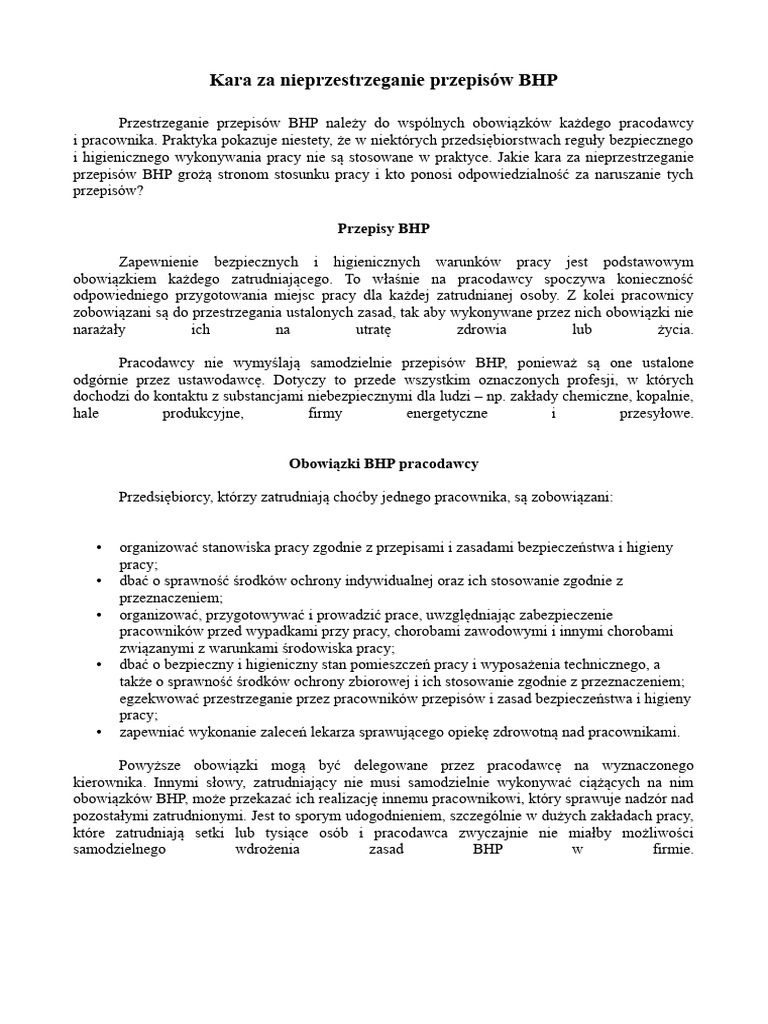 Kara Za Nieprzestrzeganie Przepisów BHP | PDF