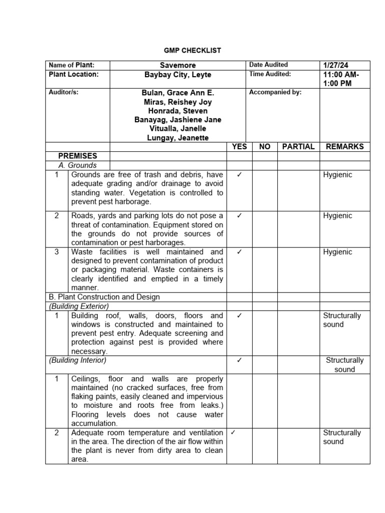 GMP Checklist 1 | PDF | Water | Hygiene