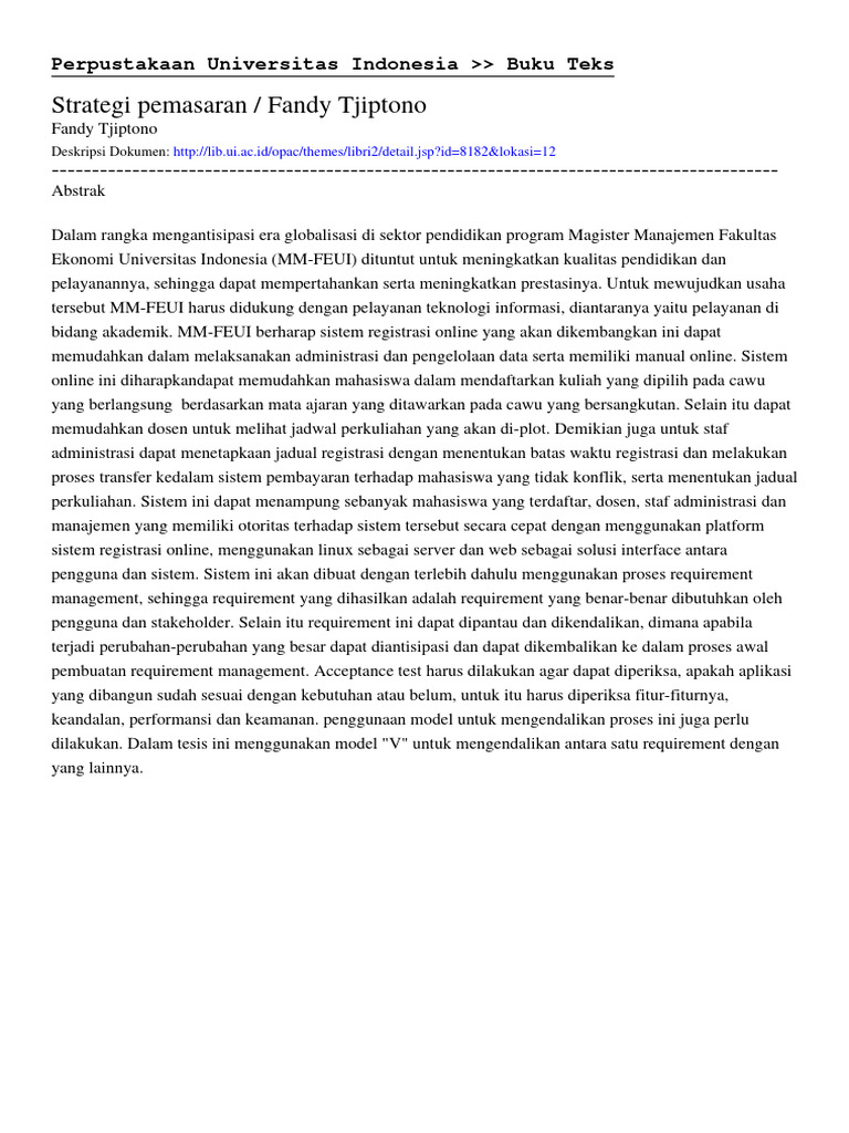 Strategi Pemasaran / Fandy Tjiptono: Perpustakaan Universitas Indonesia ...