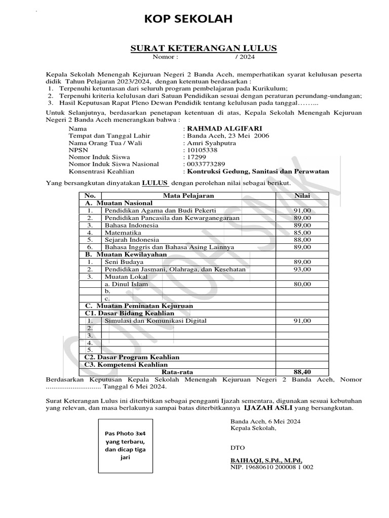 Contoh SKL - SMK | PDF