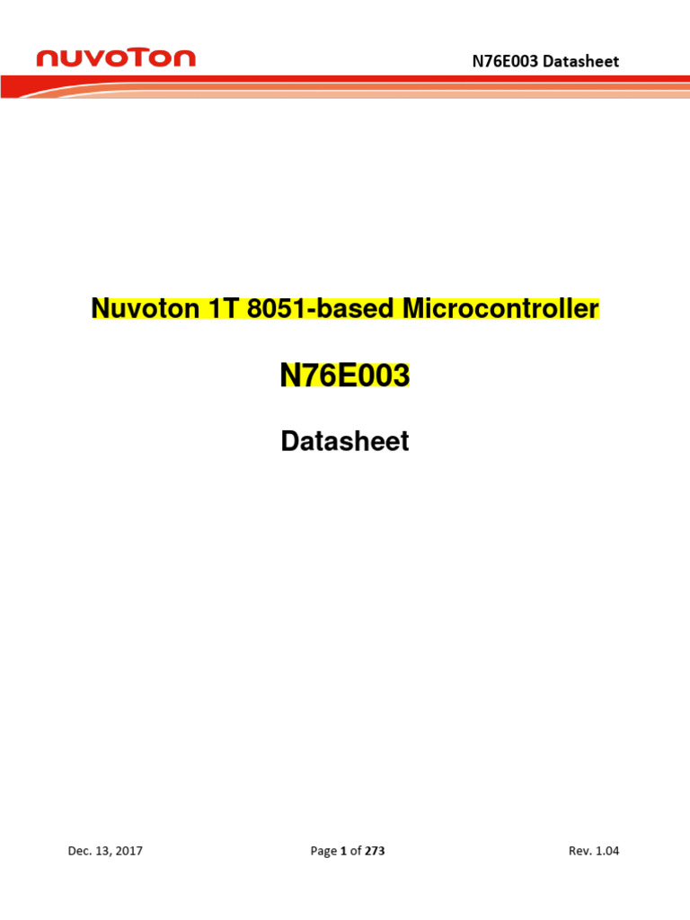 Nuvoton 1T 8051-Based Microcontroller: N76E003 Datasheet | PDF | Microcontroller | Flash Memory