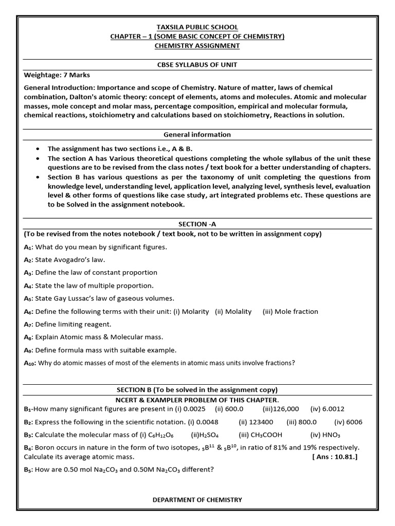 Assignment ch-1 (Some Basic Concept) Ddef | PDF | Mole (Unit) | Molecules