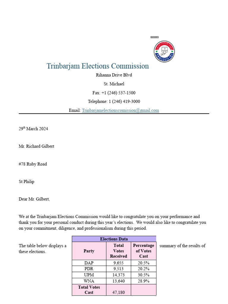 Trinbarjam Elections Results Summary | PDF | Office Work | Telephony
