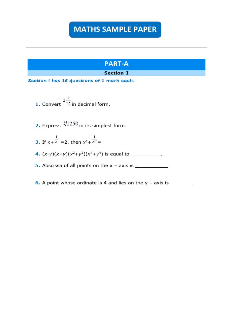 Maths Sample Paper: Part-A | PDF | Elementary Mathematics | Euclid