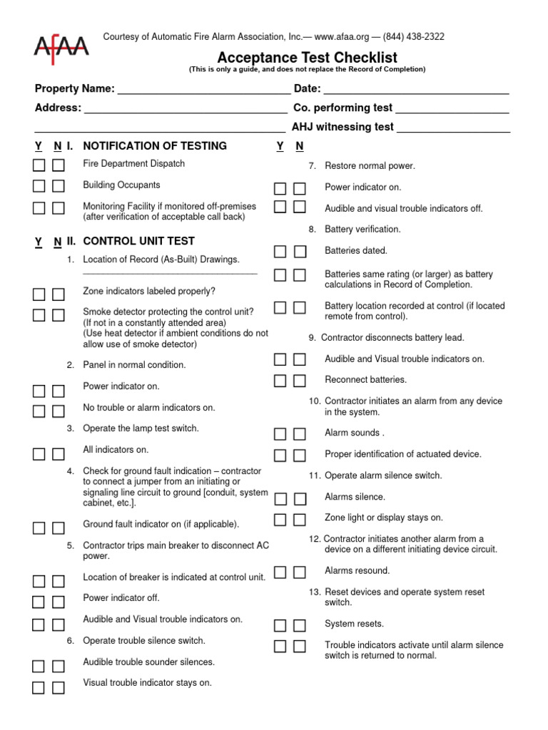 Fire Alarm Acceptance Test Checklist | PDF | Telephone | Electricity